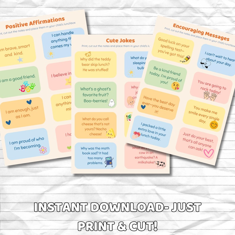 Printable Lunchbox Notes for Kids, Positive Affirmations, Jokes ...