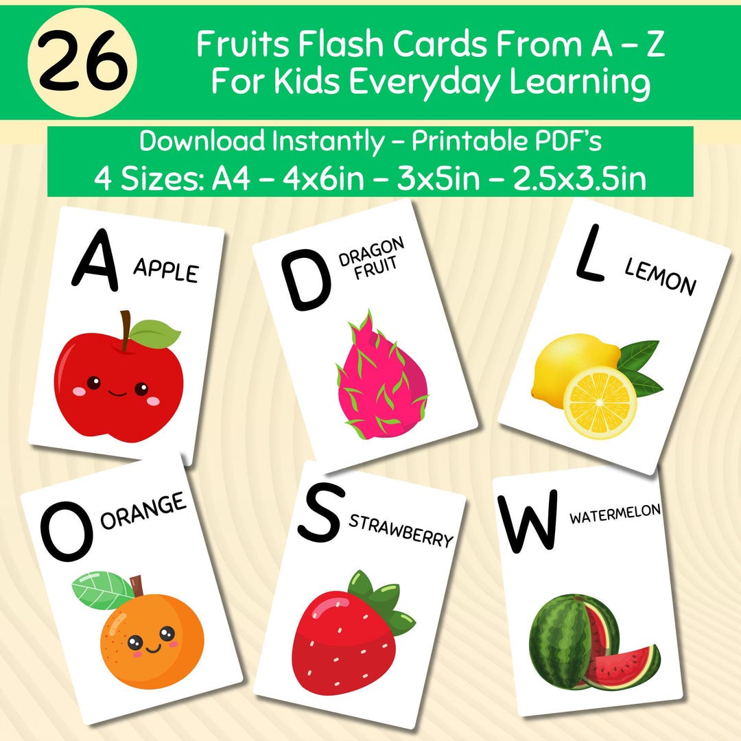 26 Fruits ABC Flashcards From A-Z. Fruits-themed Alphabet Flash Cards ...