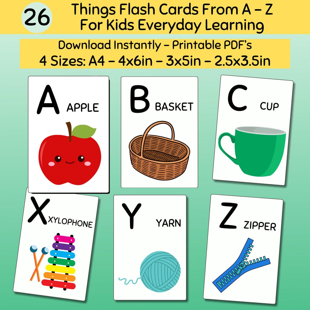 26 Everyday ABC Flash Cards From A-Z. First Words-themed Alphabet ...