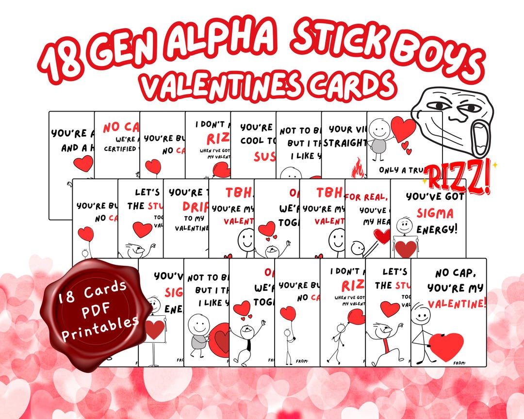 18 Funny Slang Valentines Day Cards for Boys, Gen Alpha & Teen Stick ...