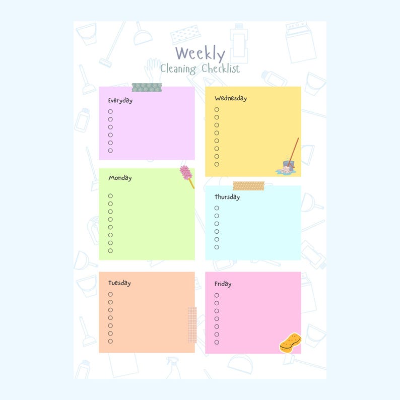 Printable Cleaning Checklist : Weekly Cleaning Chore Chart (PDF or PNG ...