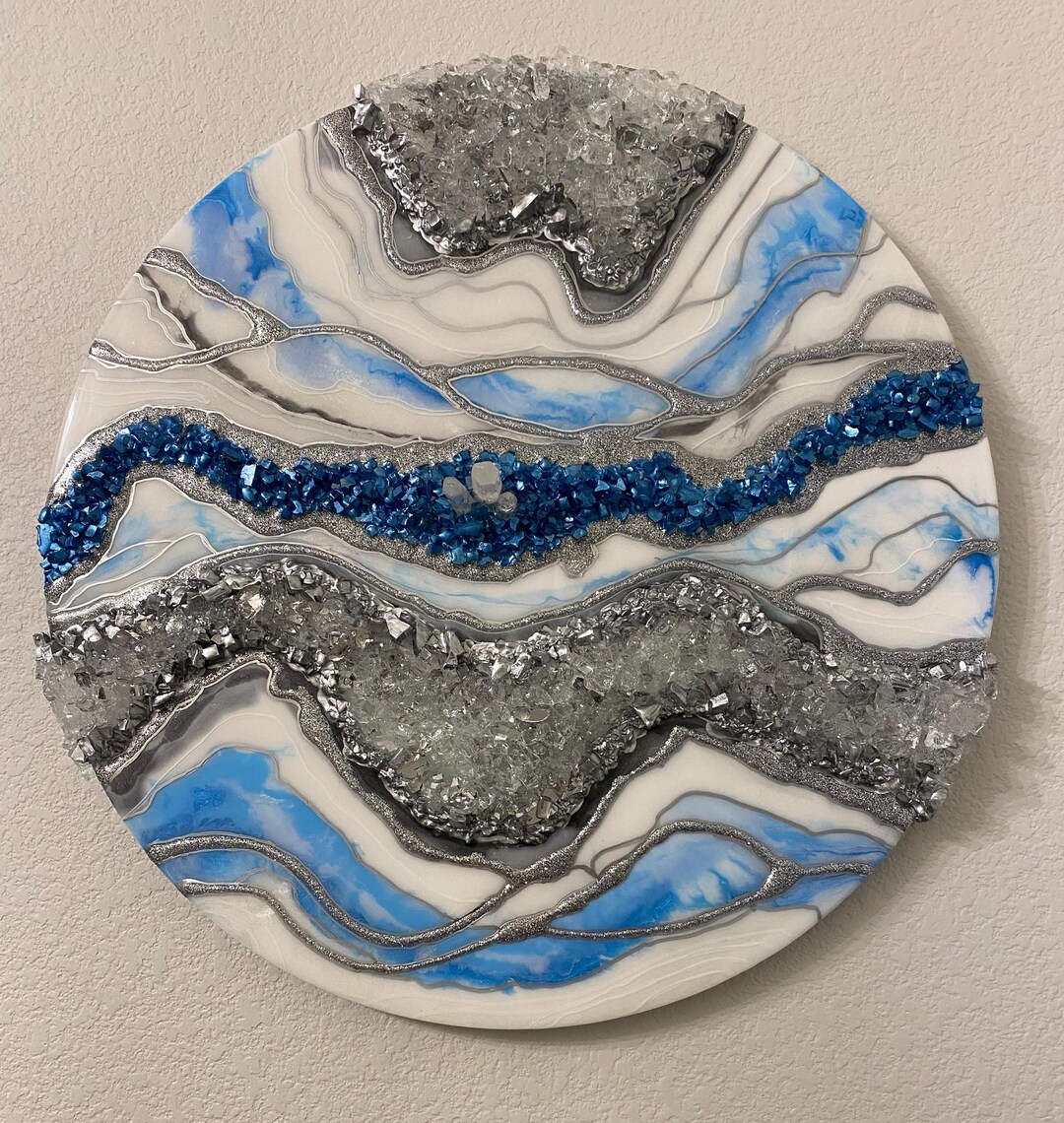 18" Round Sparkling Geode Made With Fire Glass, Blue, Silver and White ...