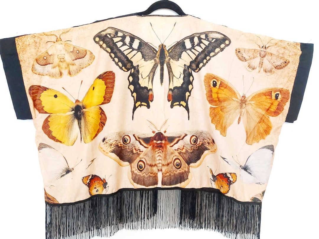 Moth Butterfly Specimen Kimono. Open Front. Black Front. Pattern on ...