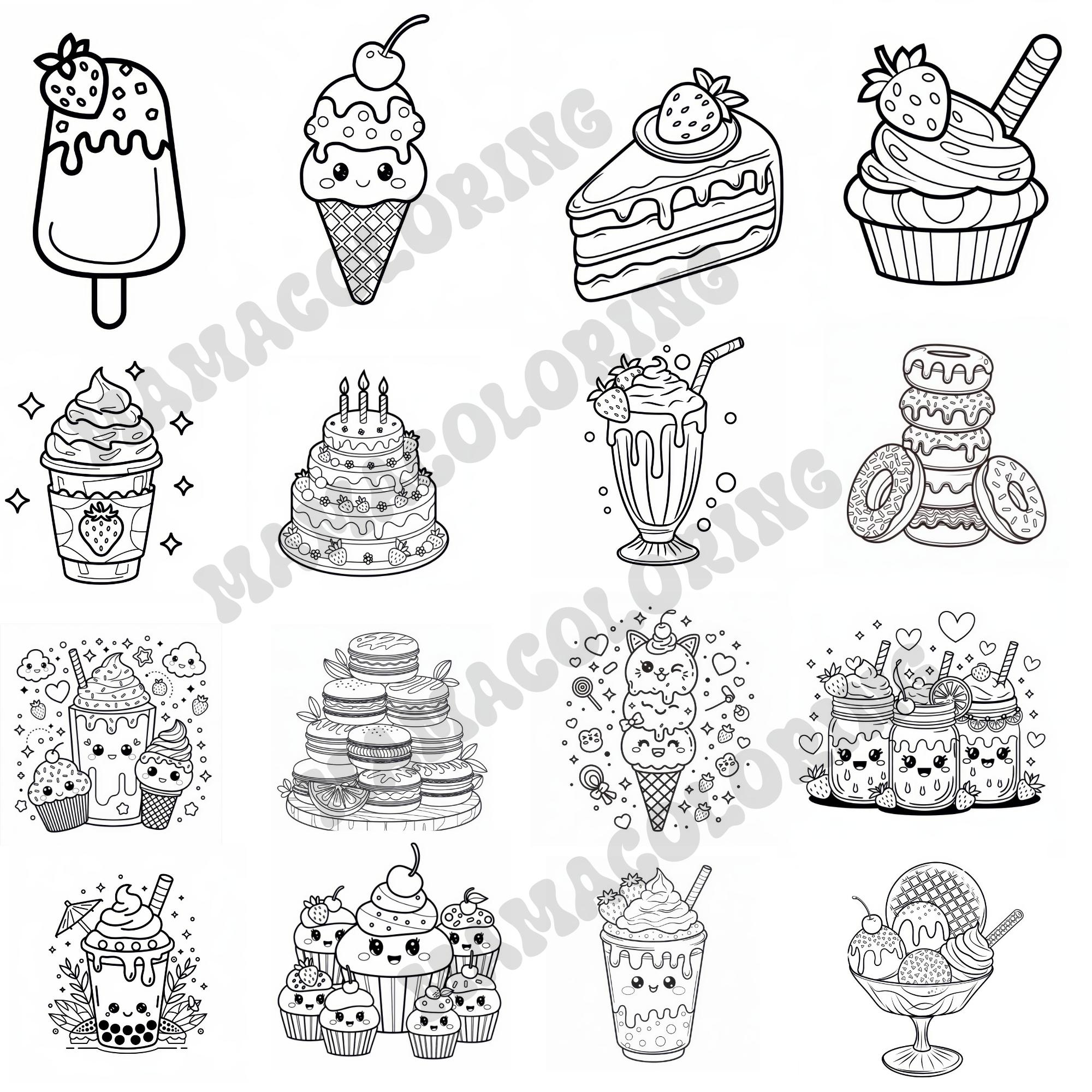 Cute Dessert Coloring Pages, 16 Kawaii Sweets PDF, Fun Ice Cream Donuts ...