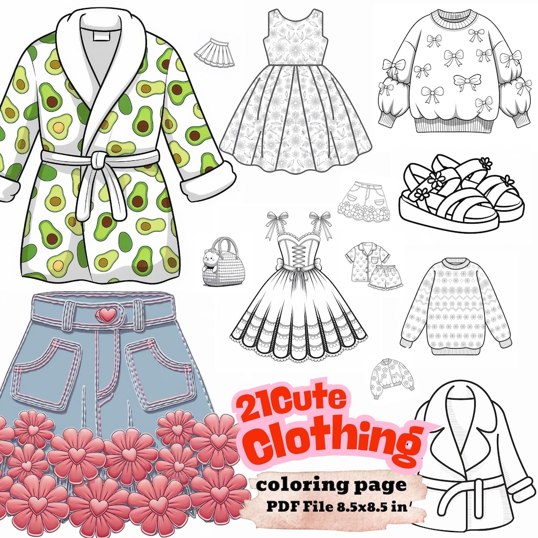 21 Clothing Coloring Pages Printable, Kids Fashion Coloring Book, Cute ...