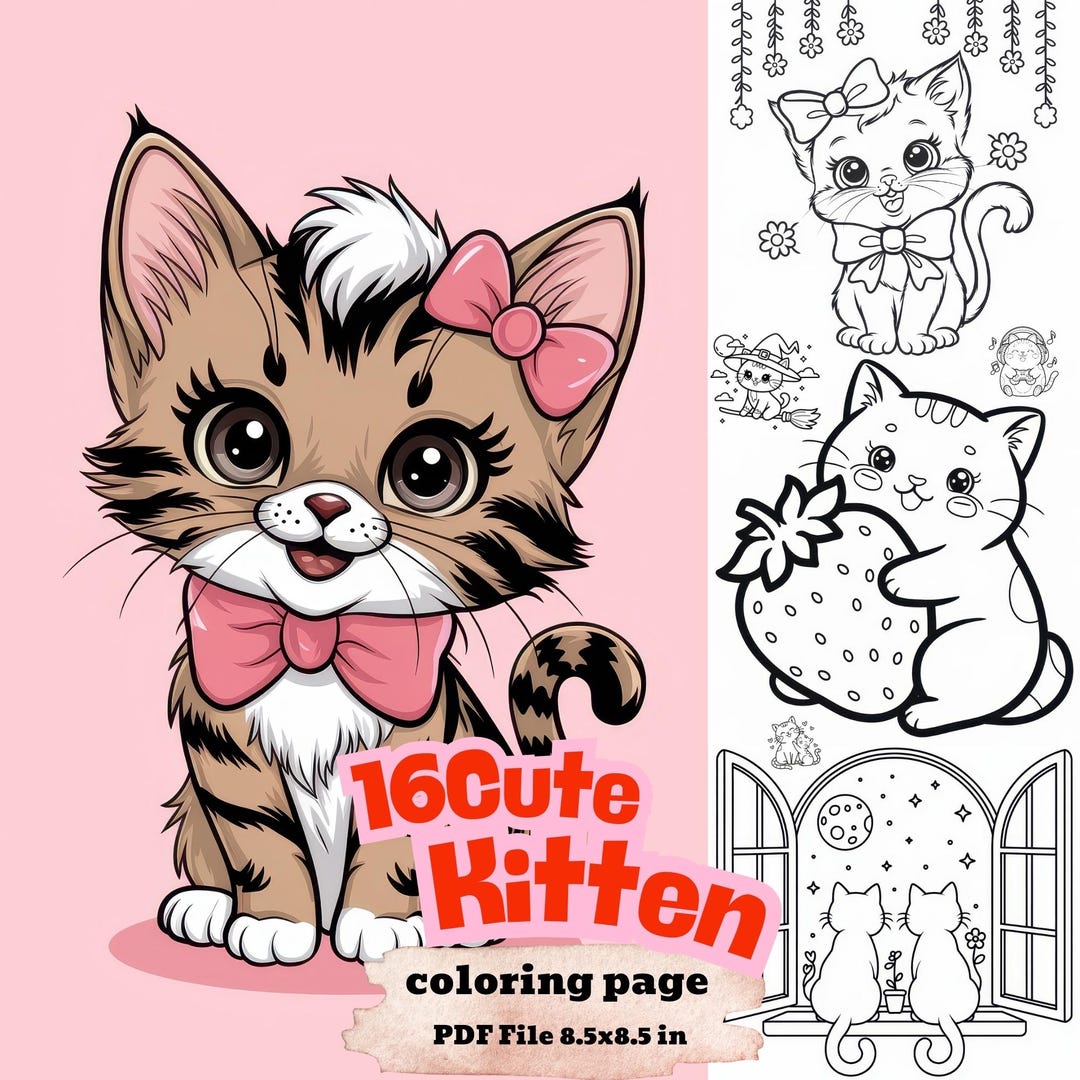 16 Cute Kitten Coloring Pages, Adorable Cat Printable, Fun Digital ...