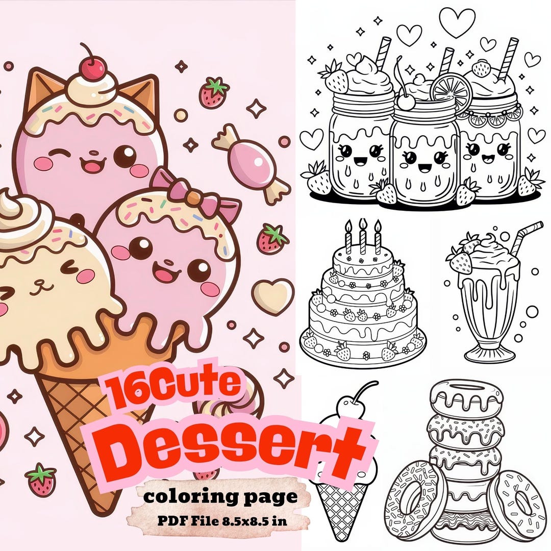 Cute Dessert Coloring Pages, 16 Kawaii Sweets PDF, Fun Ice Cream Donuts ...
