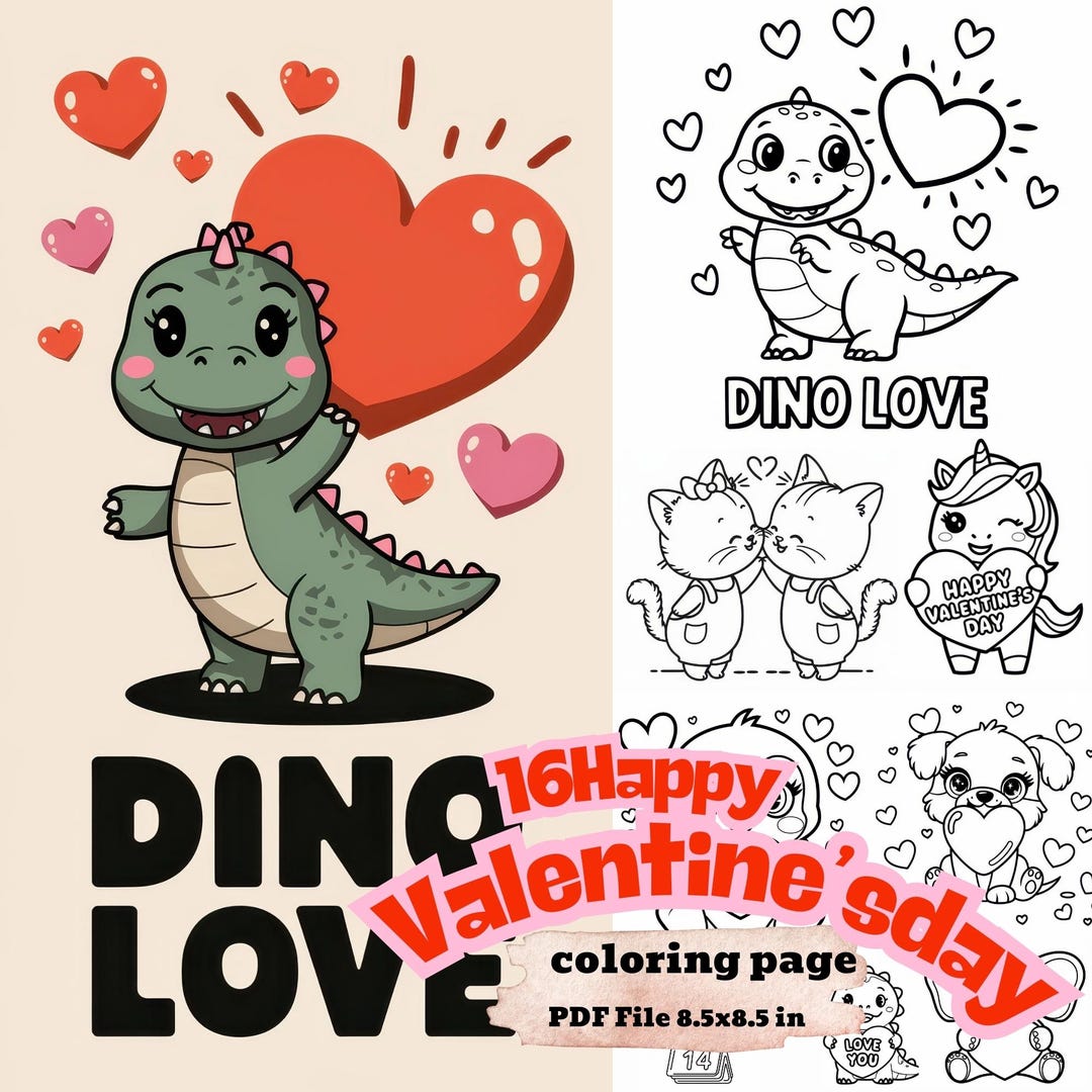 Dinosaur Valentine's Day Coloring Pages: Fun Animal Activity (digital ...