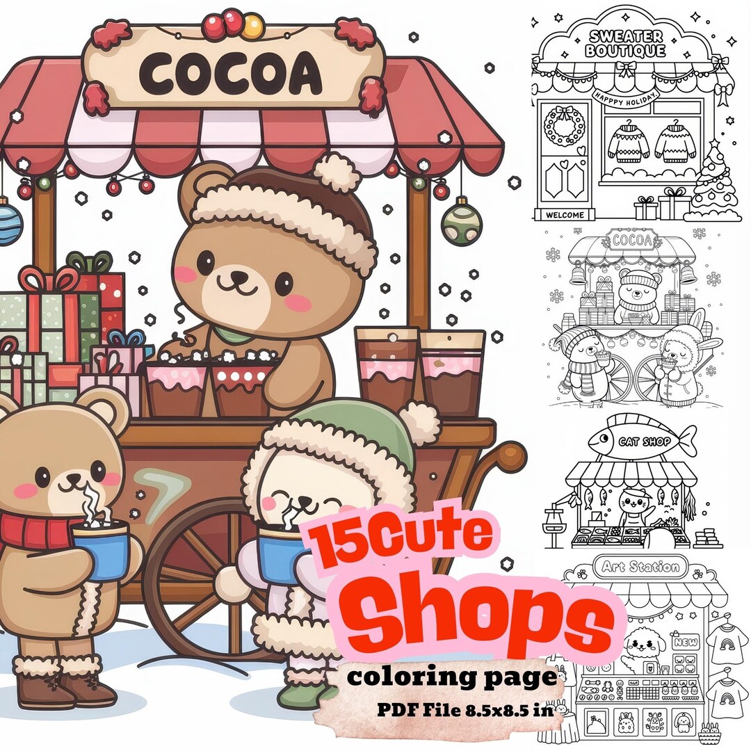 Cute Shops Coloring Pages, 15 Kawaii Storefronts PDF, Cozy Market ...