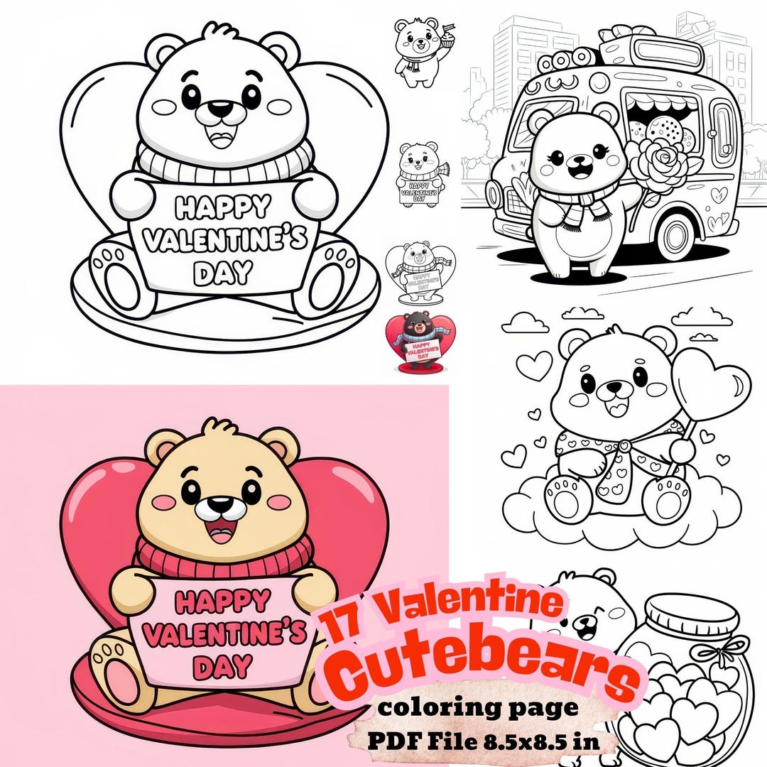 Valentine Cute Bears Coloring Pages, Printable PDF, 17 Adorable Bear ...