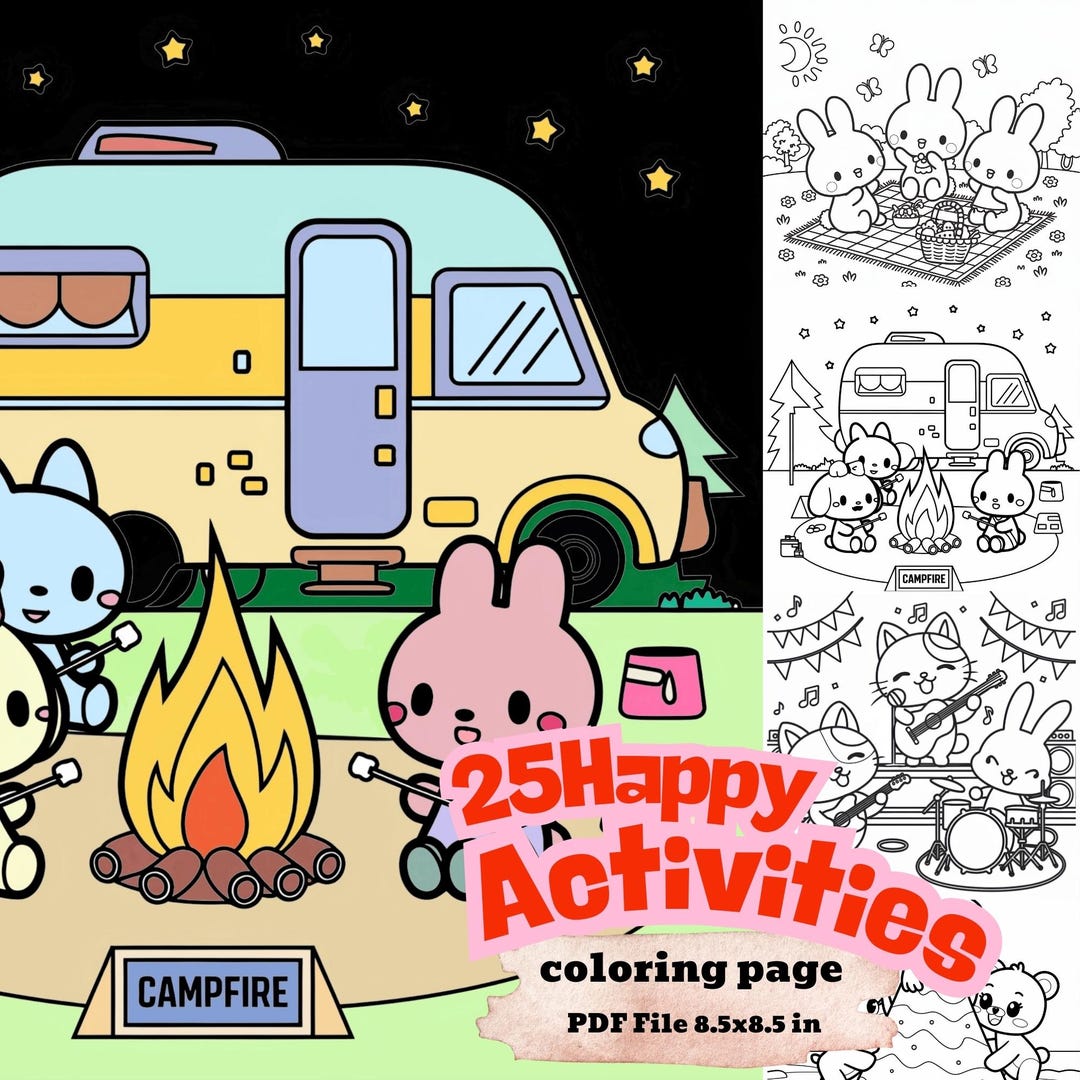Printable Cute Animal Camping Coloring Pages for Kids, 25 Happy ...
