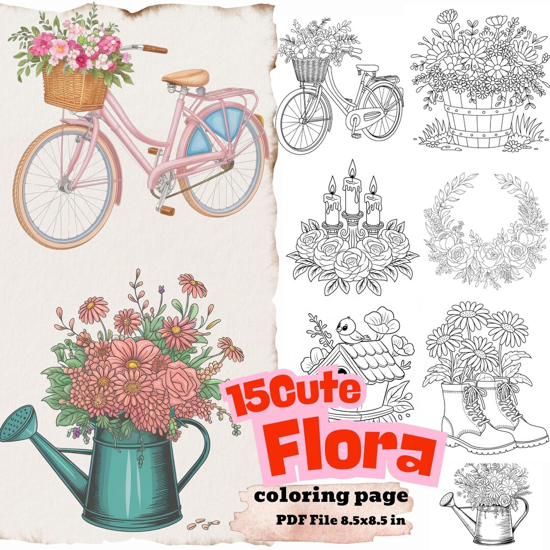 15 Cute Floral Coloring Pages, Printable Flower Coloring Book for ...
