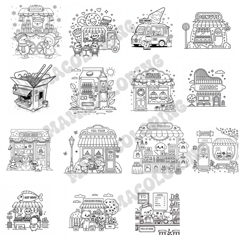 Cute Shops Coloring Pages, 15 Kawaii Storefronts PDF, Cozy Market ...