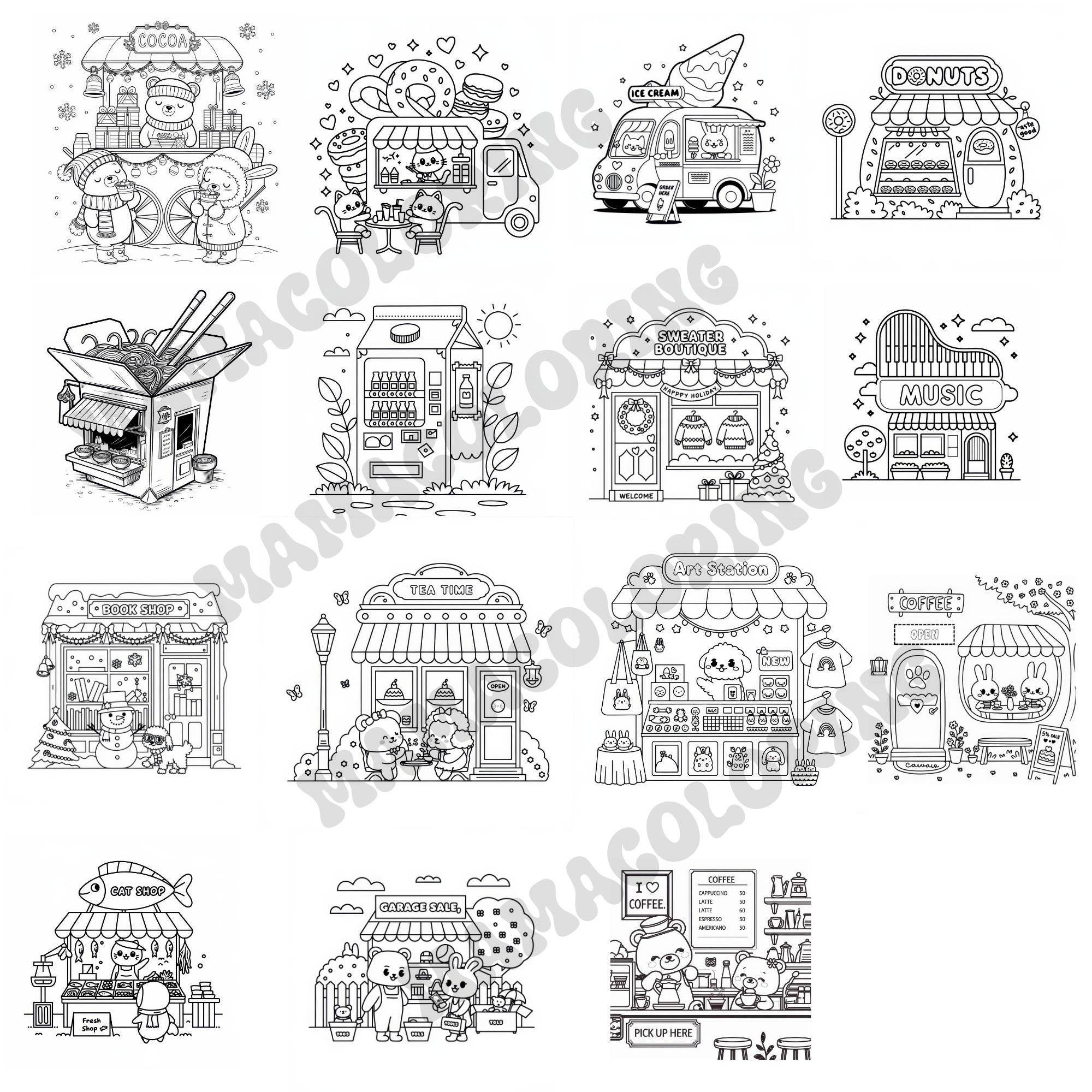 Cute Shops Coloring Pages, 15 Kawaii Storefronts PDF, Cozy Market ...