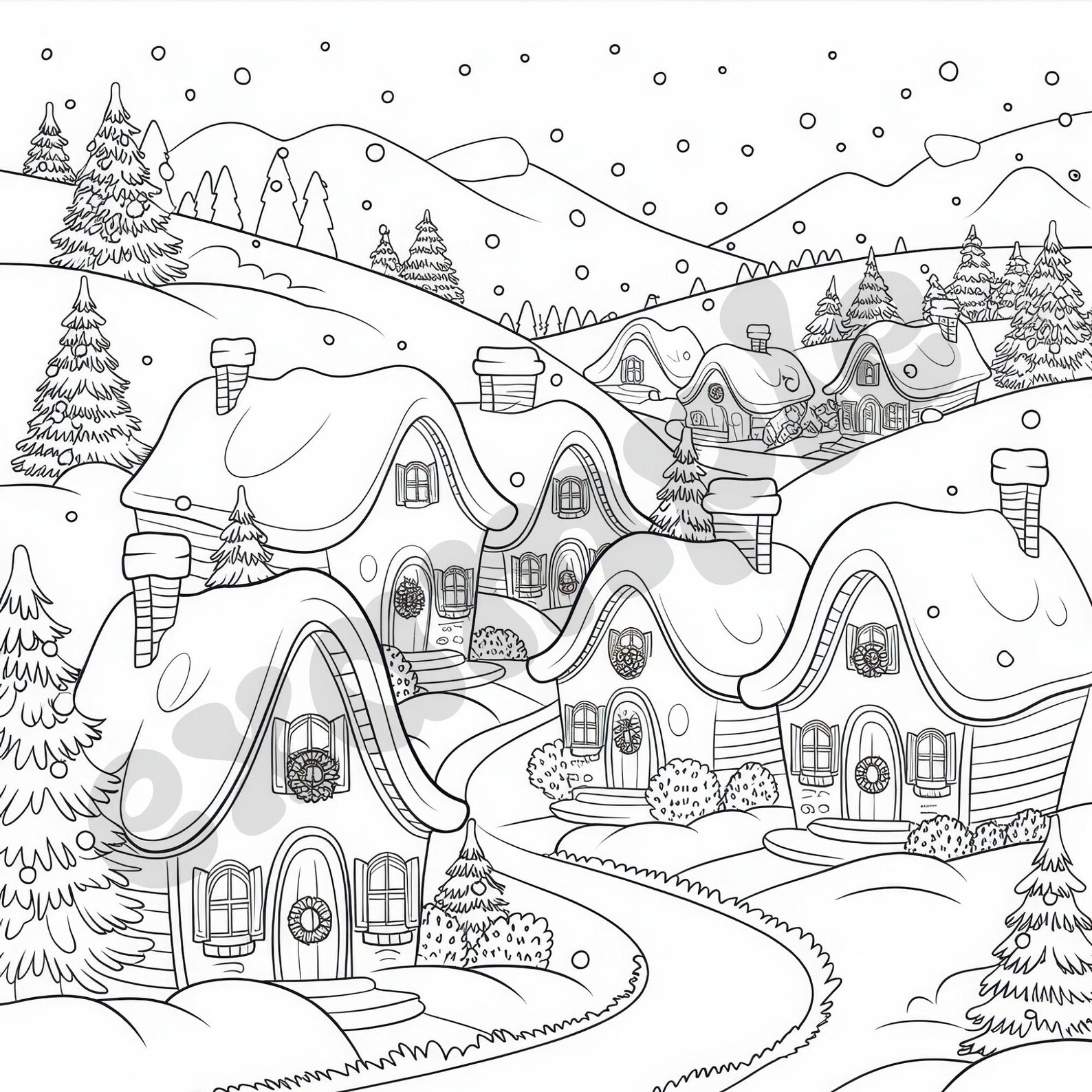 Winter Village Coloring Pages: Cozy Homes Printable (PDF) - Etsy