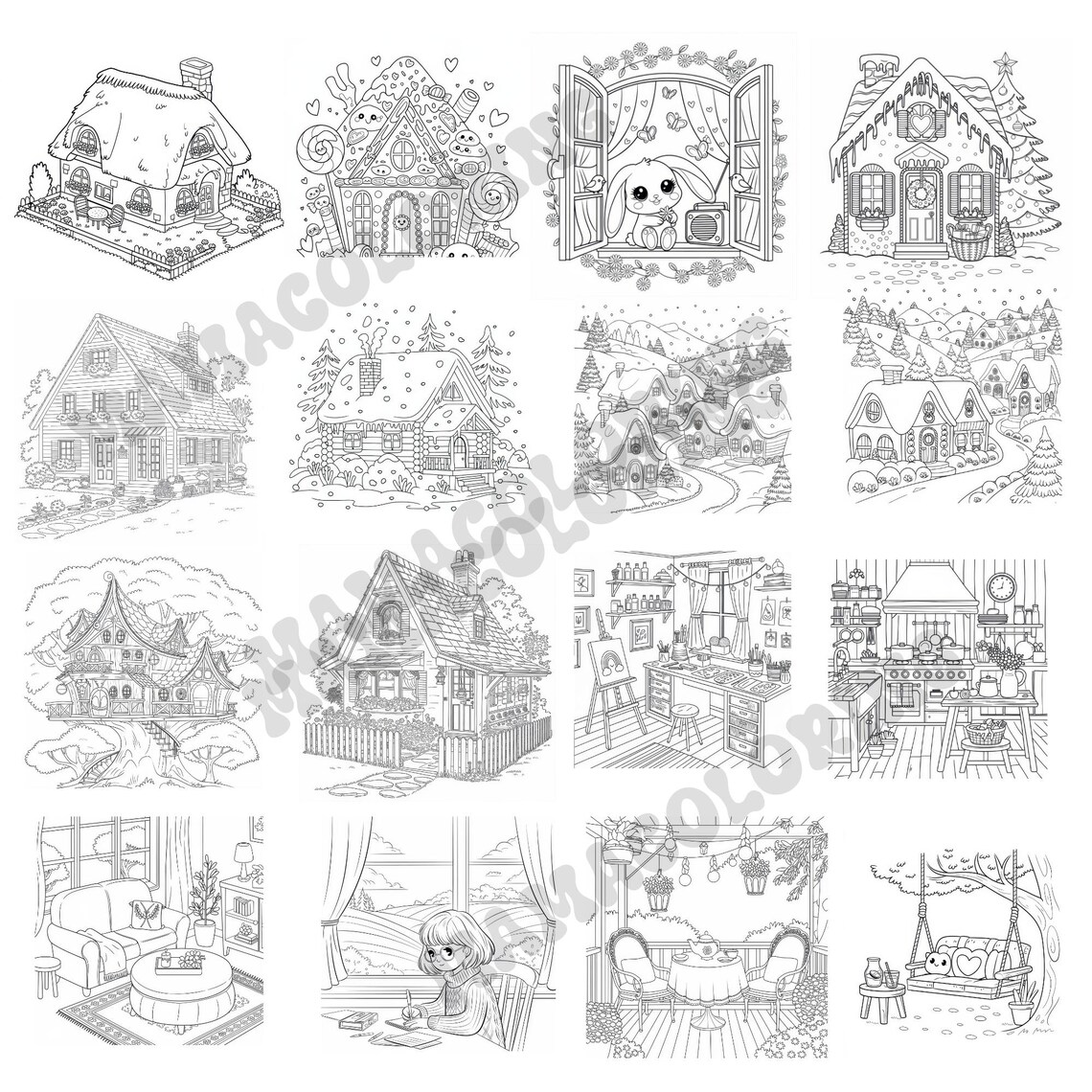 Winter Village Coloring Pages: Cozy Homes Printable (PDF) - Etsy