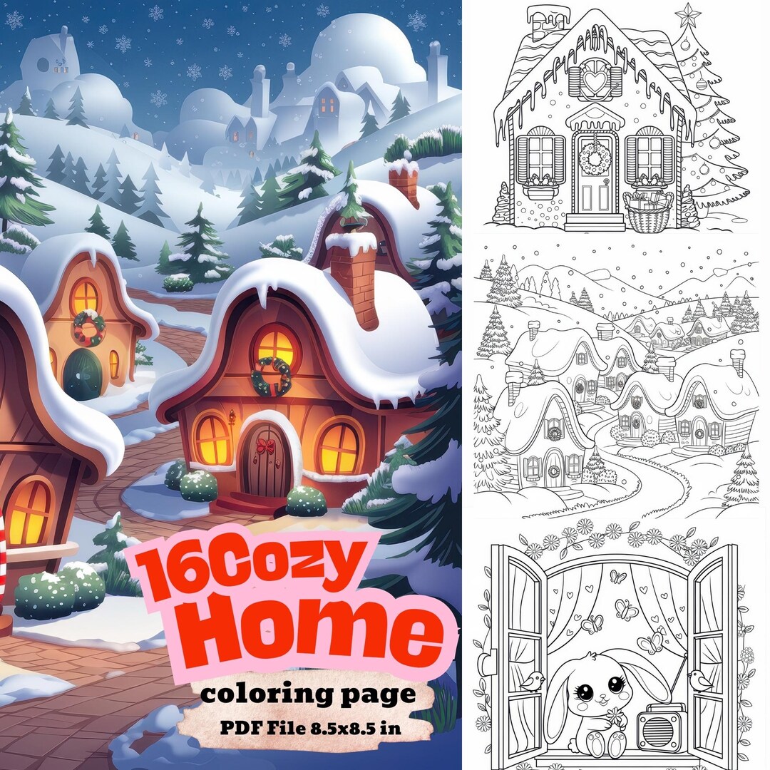 1 Cozy Homes Coloring Pages, Winter Village Printable PDF, Cute Snowy ...