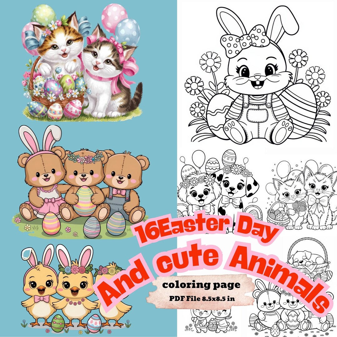 16 Cute Easter Animals Coloring Pages Printable PDF, Easter Bunny Cat ...