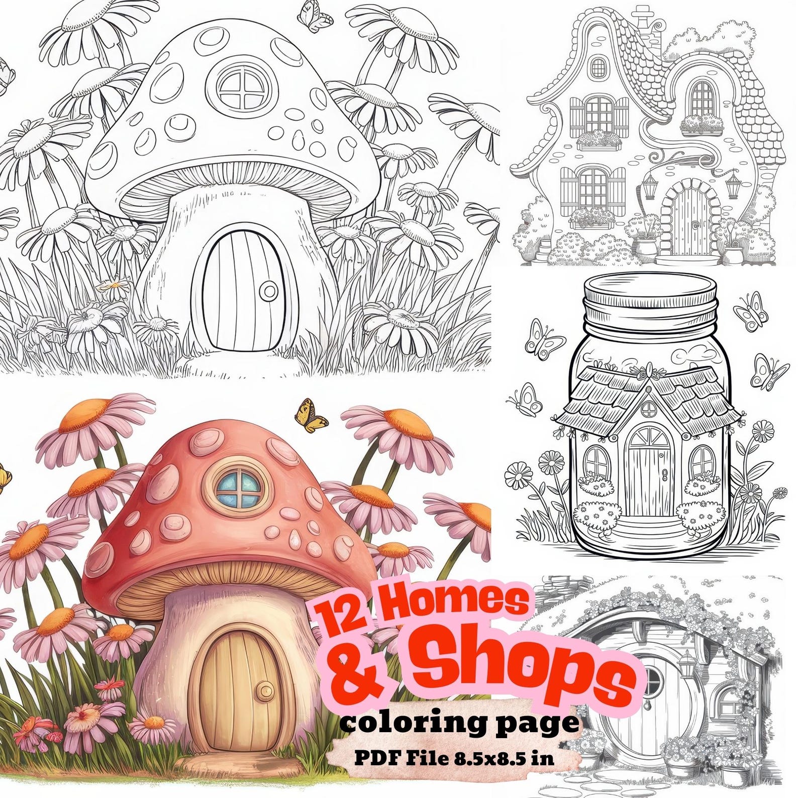 Fairy Tale Homes and Shops Coloring Pages, Printable PDF, Cute Mushroom ...