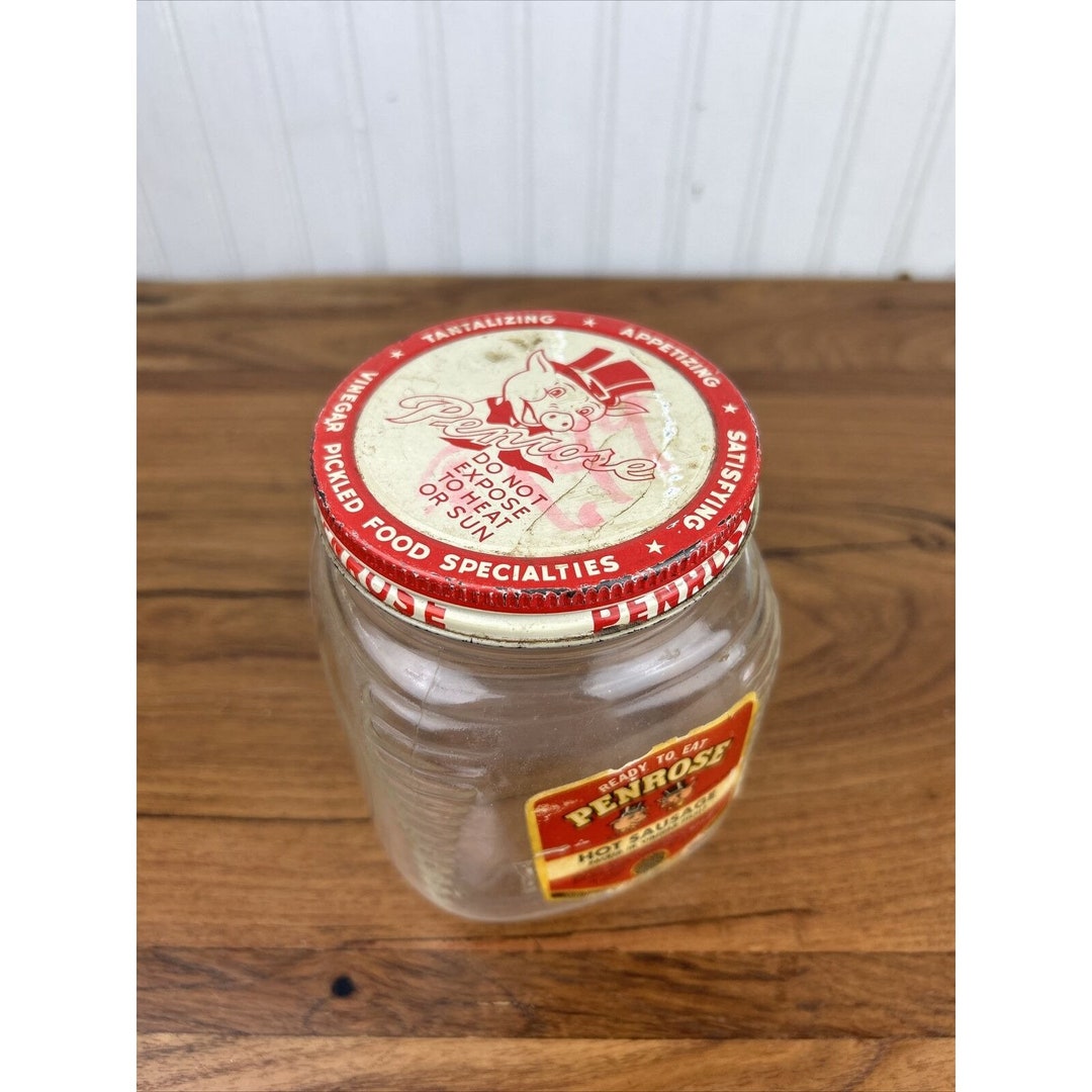 Vintage Penrose Hot Sausage Jar Lid Pigs Top Hats Bar Ware Hazel Atlas ...