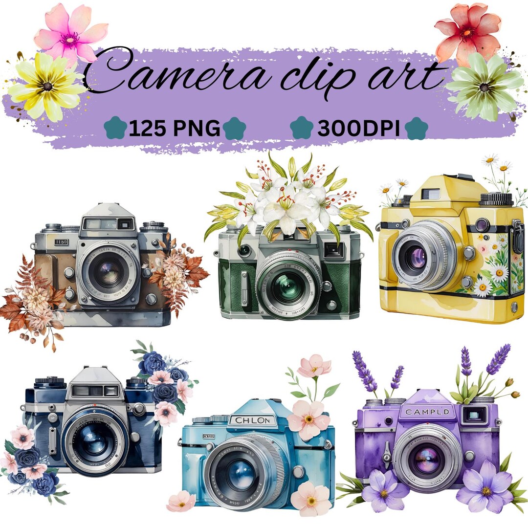 Bundle of Old Fashion Camera Pngs and Watercolor Floral Designs ...
