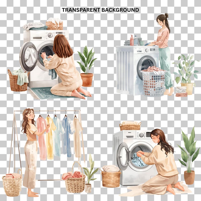 Laundry Day Watercolor Clipart 32PNG, Washing Machine Graphics, Laundry ...
