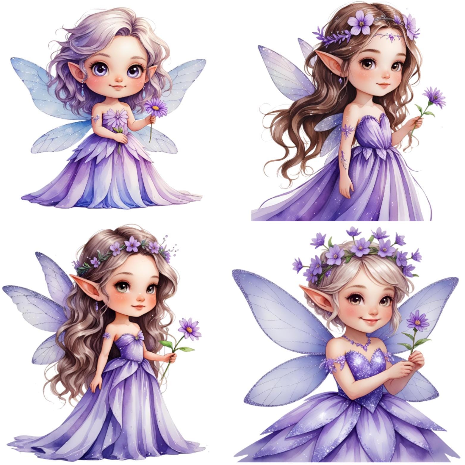 Watercolor Chibi Fairy Clipart Bundle, Purple Fairy Pngs, Cute Fantasy ...