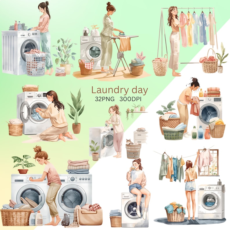 Laundry Day Watercolor Clipart 32PNG, Washing Machine Graphics, Laundry ...