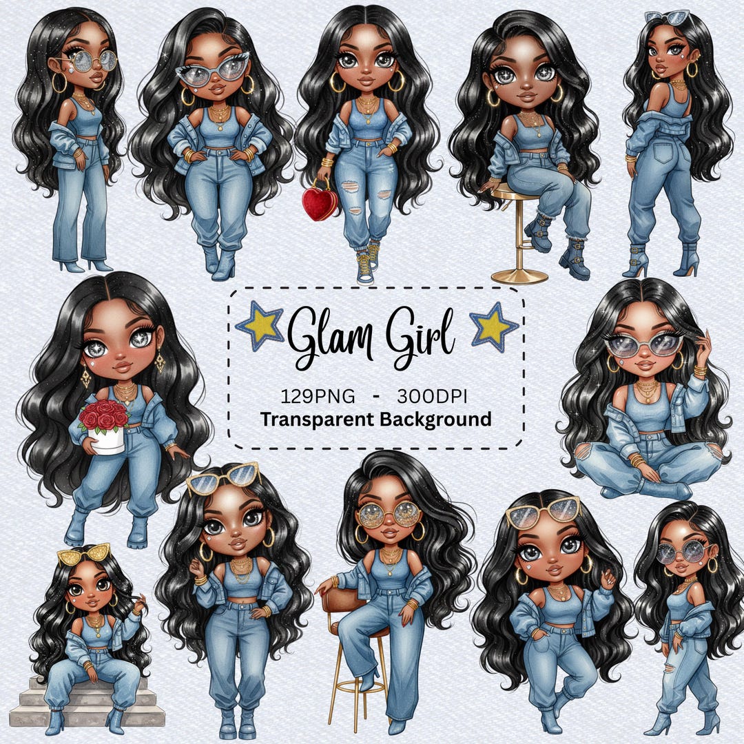 African American Chibi Girl Clipart, Cute Fashion Watercolor PNG ...