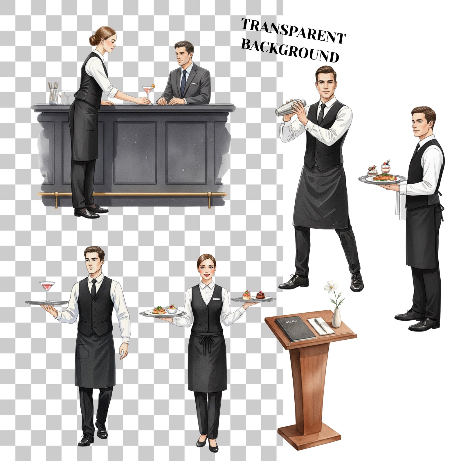 Watercolor Waiter Clip Art | Male & Female Waitstaff PNG | Restaurant ...