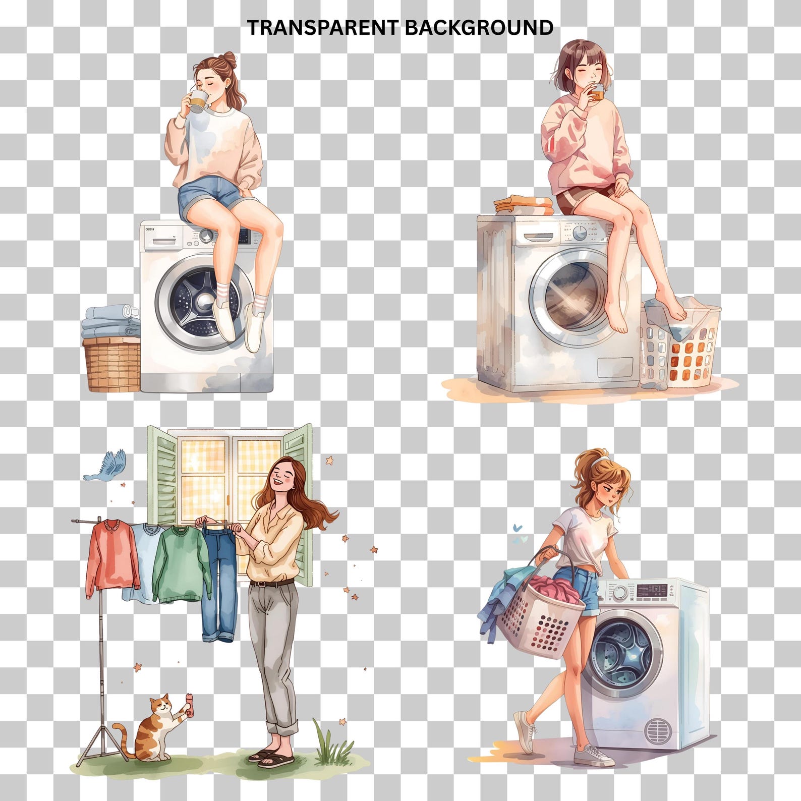 Laundry Day Watercolor Clipart 32PNG, Washing Machine Graphics, Laundry ...