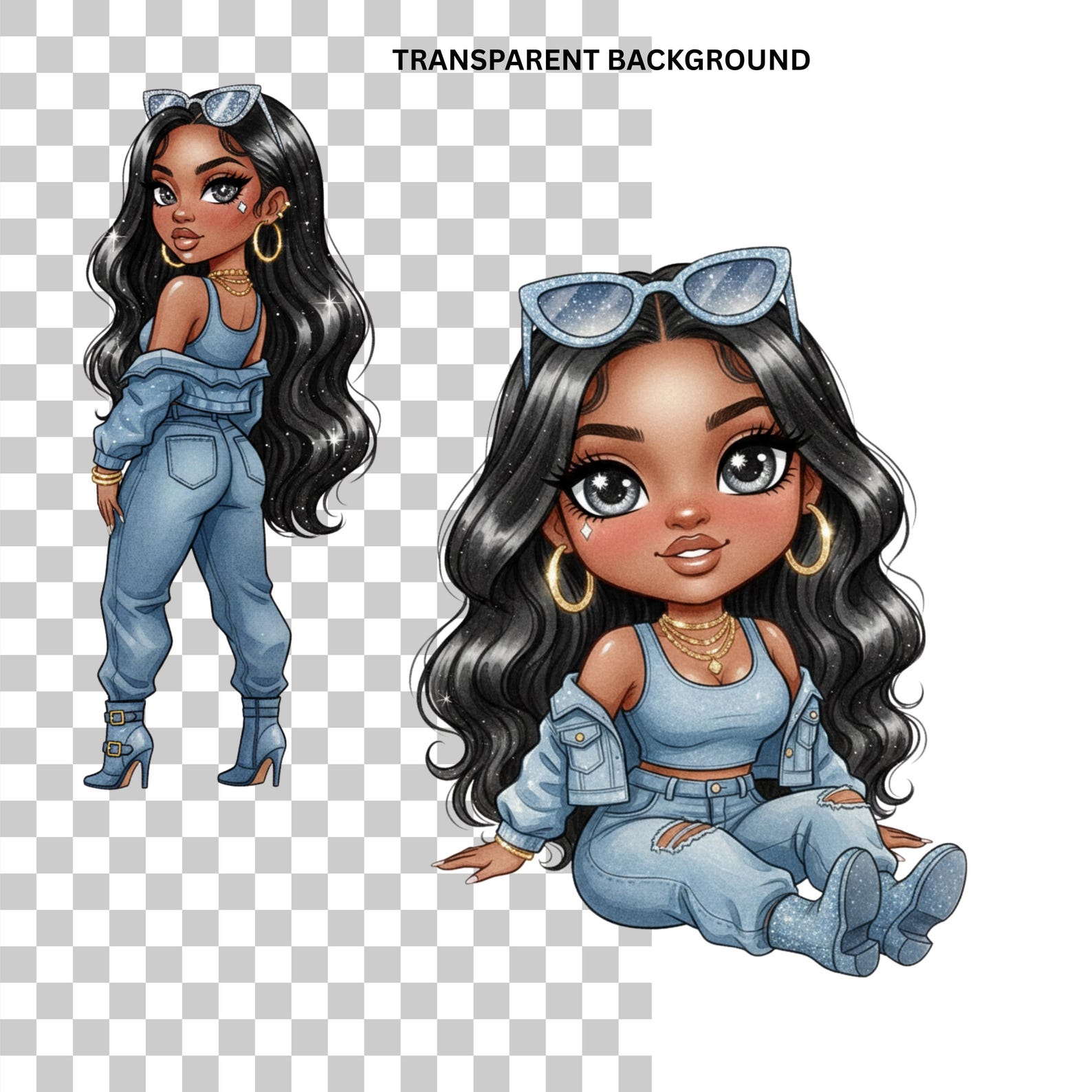 African American Chibi Girl Clipart, Cute Fashion Watercolor PNG ...