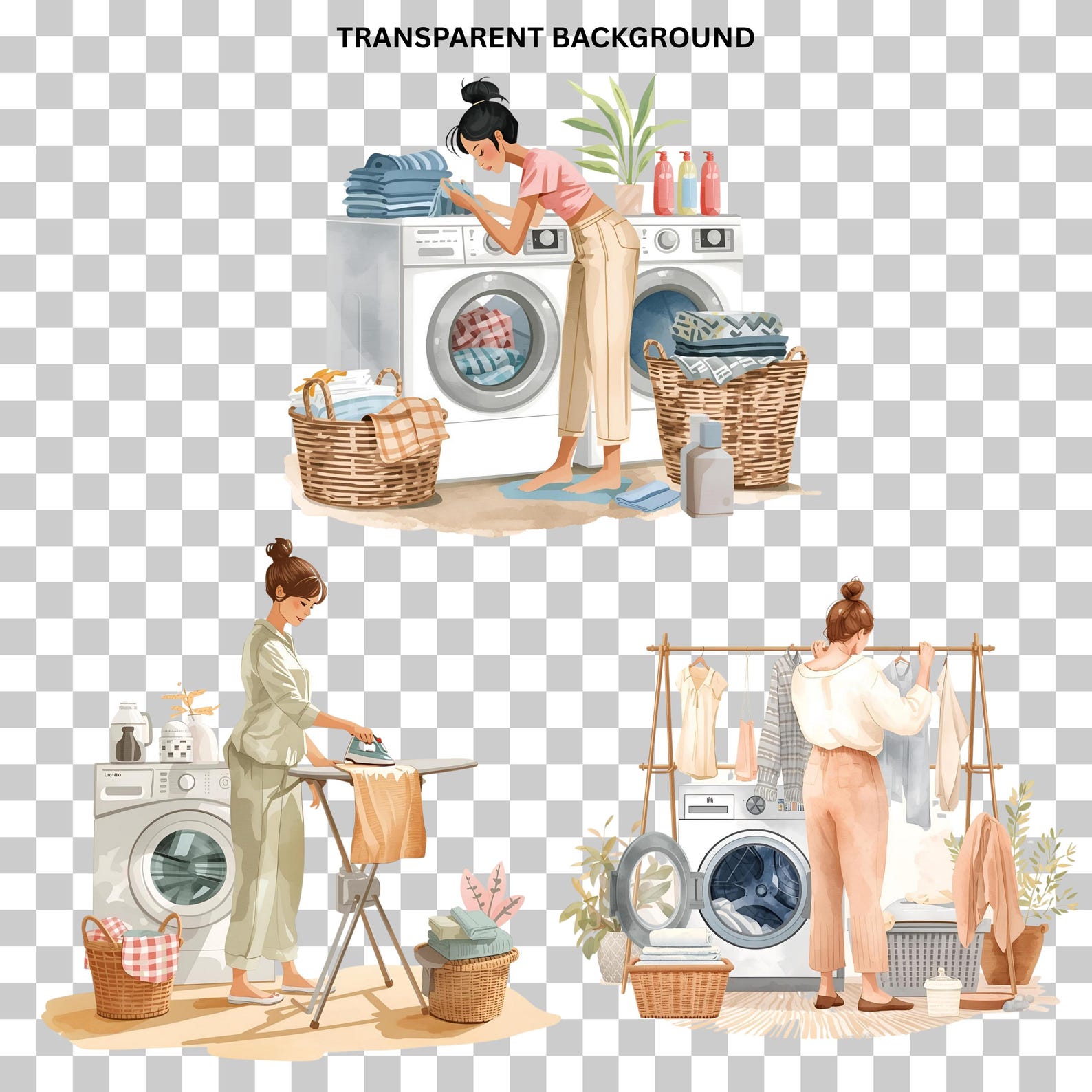 Laundry Day Watercolor Clipart 32PNG, Washing Machine Graphics, Laundry ...