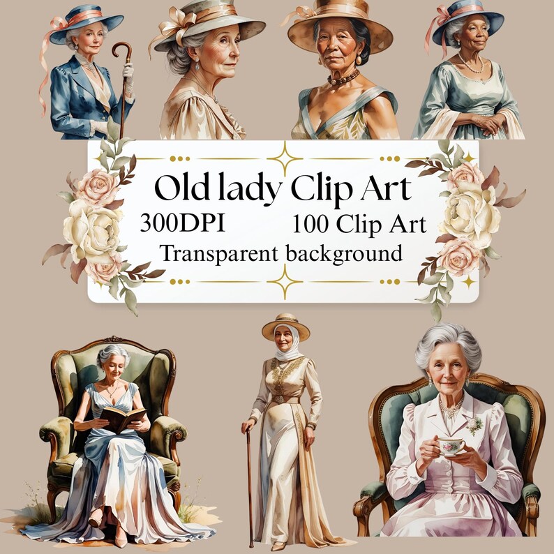 Watercolor Elegant Grandma Clipart - Charming Old Lady PNG Images Old ...