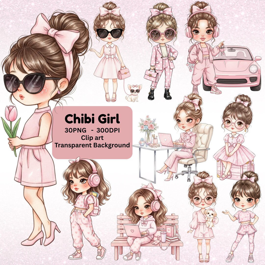 Cute Chibi Girl Clip Art Pink Outfit, Kawaii Watercolor Digital ...