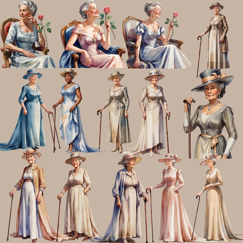 Watercolor Elegant Grandma Clipart - Charming Old Lady PNG Images Old ...
