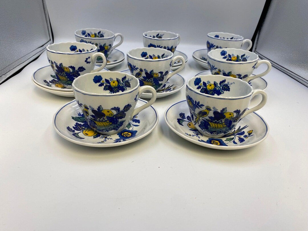 Set of 8 Spode BLUE BIRD Cup & Saucer Sets England Fine Stone (4 Bonus ...