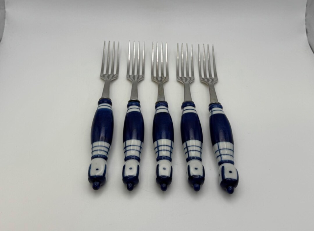 Set of 5 Rosenthal GRILL BLUE Porcelain & Stainless Steel Dinner Forks ...