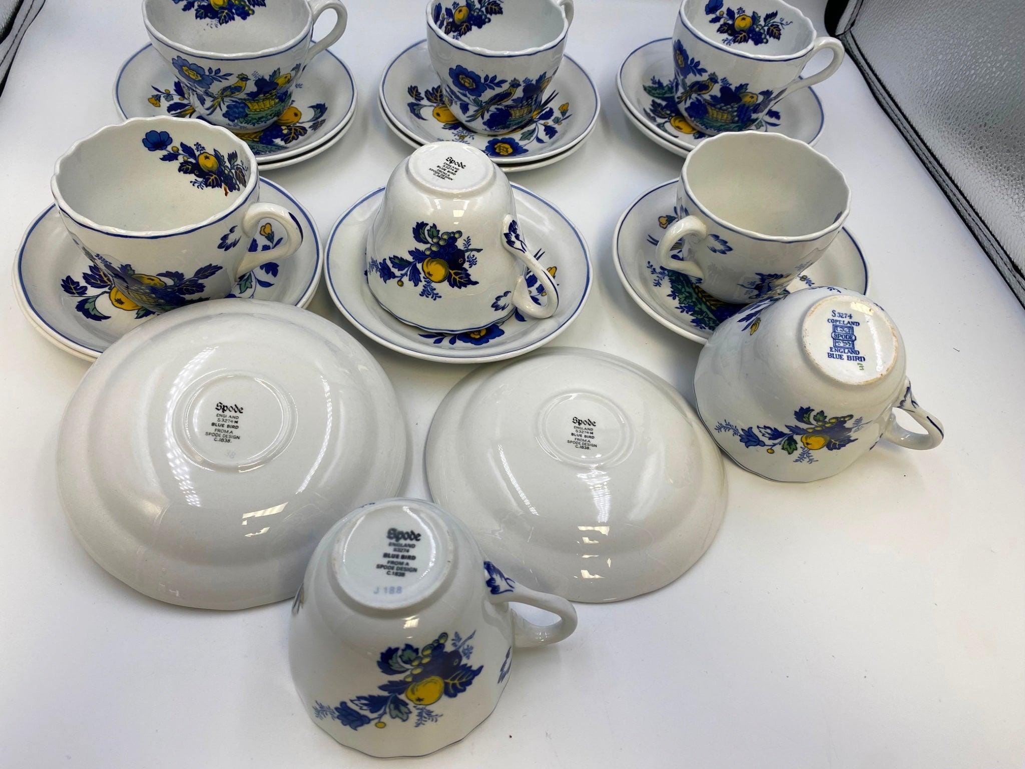 Set of 8 Spode BLUE BIRD Cup & Saucer Sets England Fine Stone (4 Bonus ...