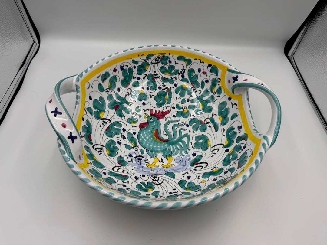 Deruta Italian Pottery GREEN ROOSTER 13" Handled Serving Bowl - Etsy