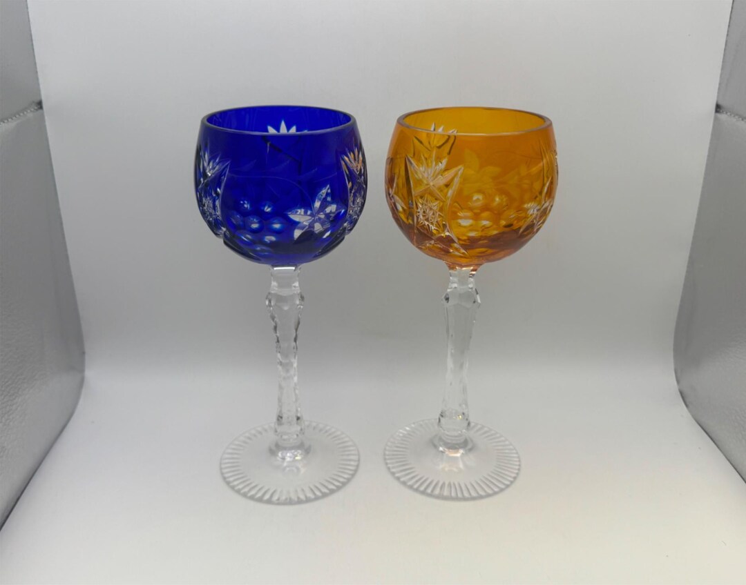Pair of Bayel Crystal VINEYARD GRAPE Amber & Cobalt Hock Wine Glasses 7 ...