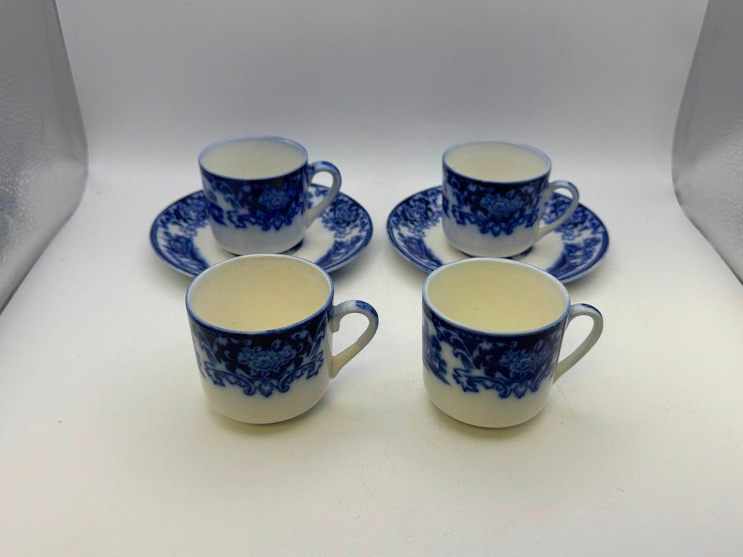 Antique Grindley SHANGHAI Flow Blue 4x Demitasse Cups With 2x Saucers ...