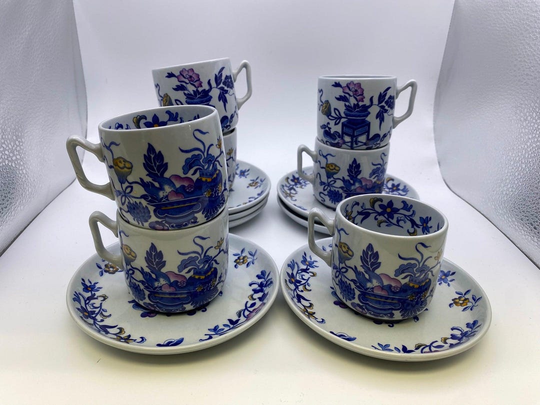 Set 7 Copeland Spode BLUE BOWPOT Demitasse Cups & Saucers Made in ...