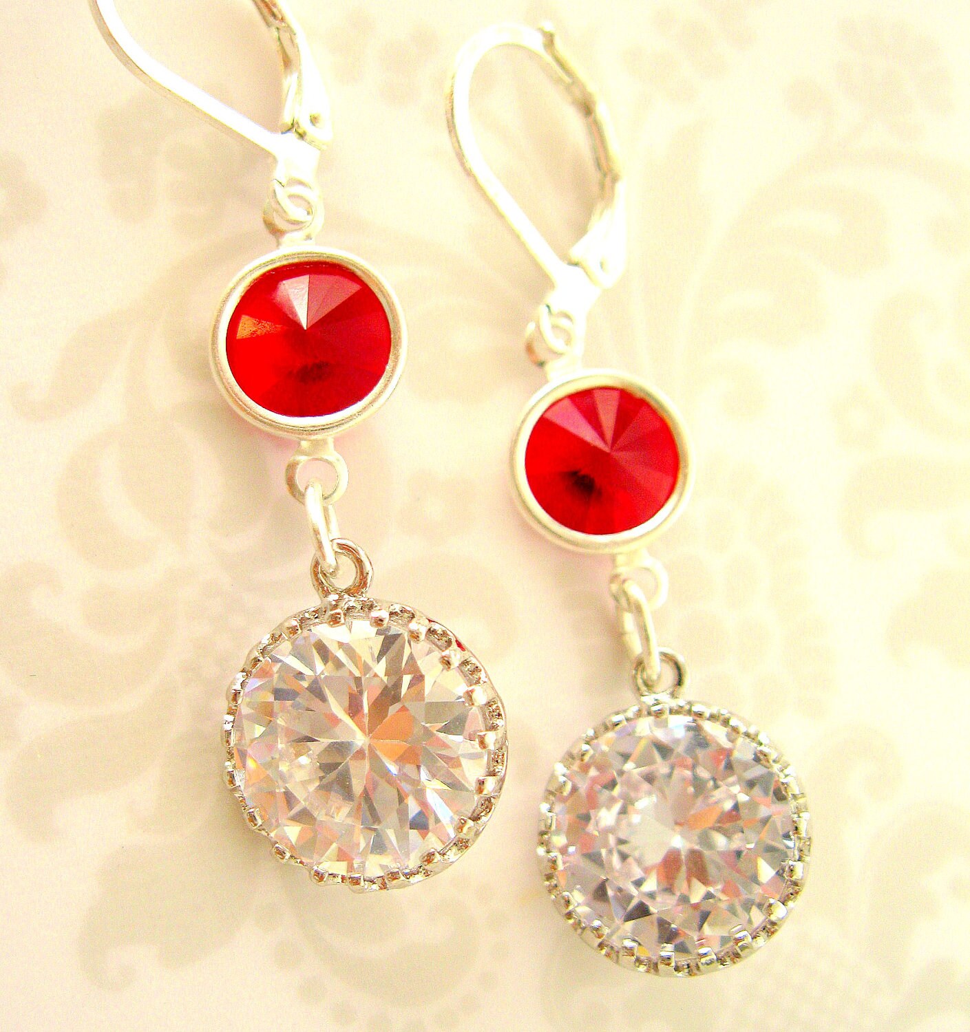 Sparkling CZ and Swarovski Ruby Crystal Earrings, Holiday Handmade ...