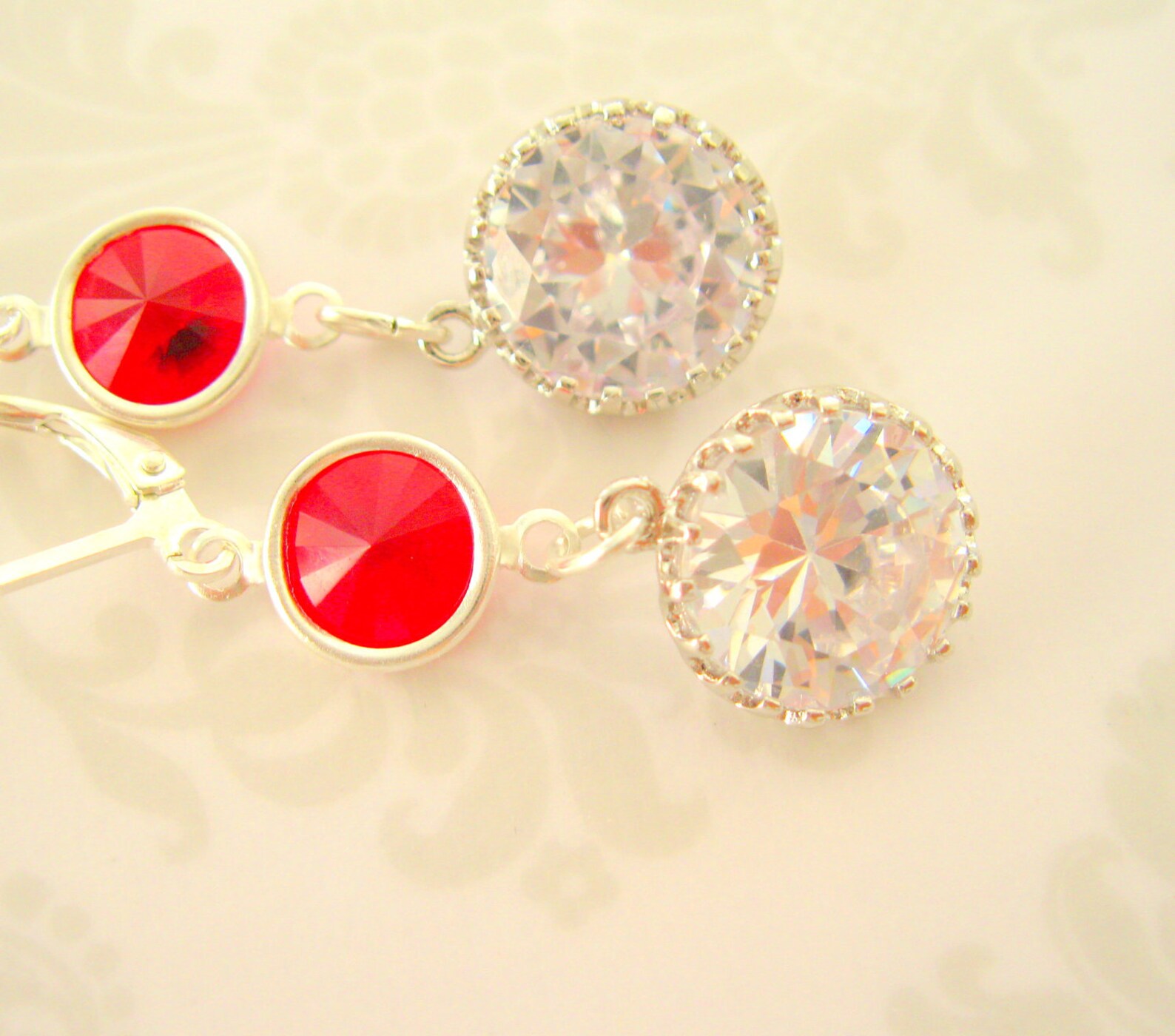 Sparkling CZ and Swarovski Ruby Crystal Earrings, Holiday Handmade ...