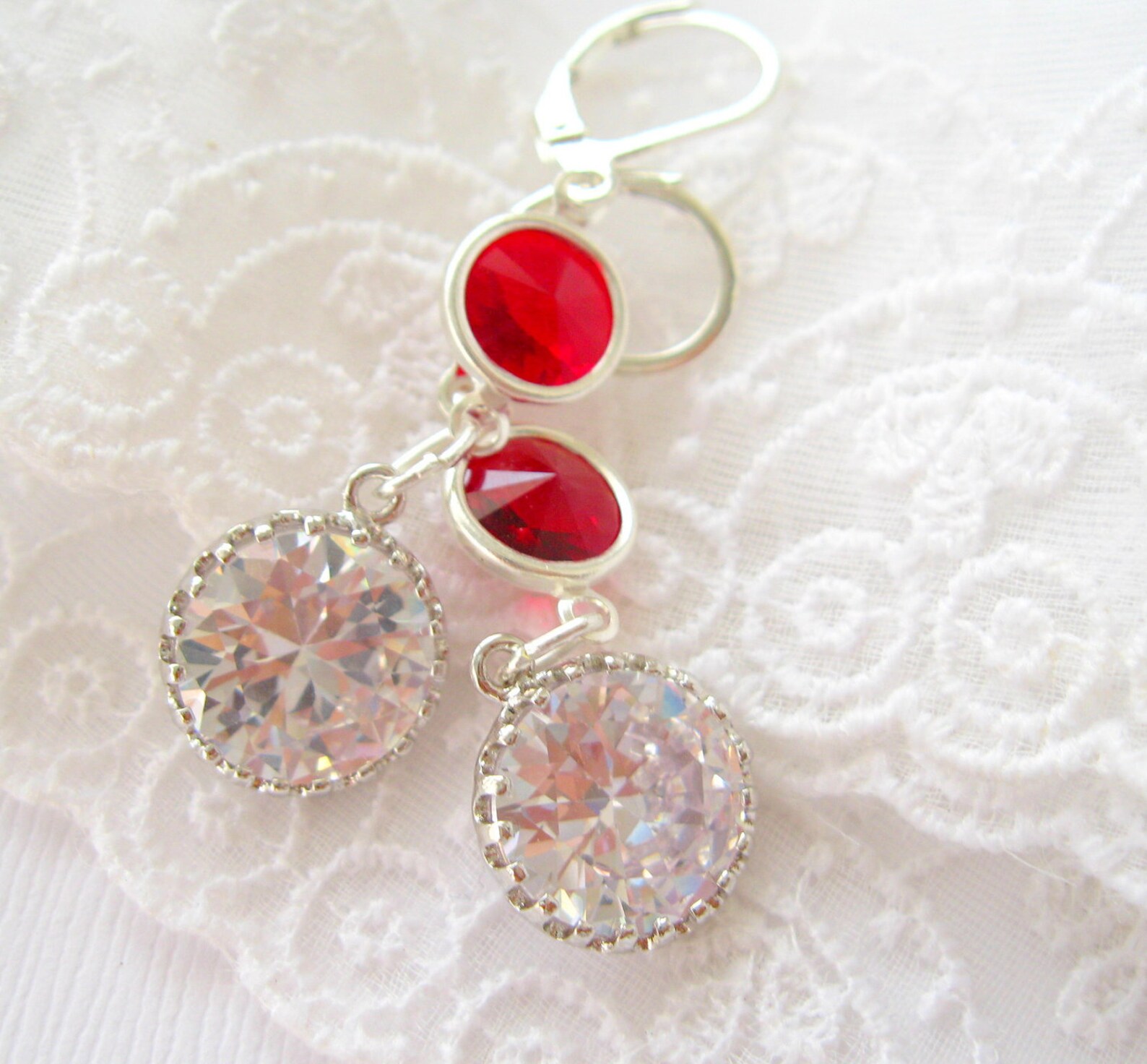 Sparkling CZ and Swarovski Ruby Crystal Earrings, Holiday Handmade ...