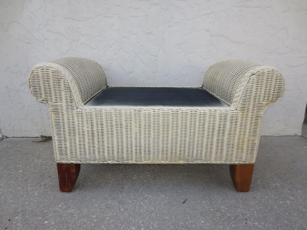 Wicker Bench Rattan Tropical Cottage Bed End Seat Stool White Coastal ...