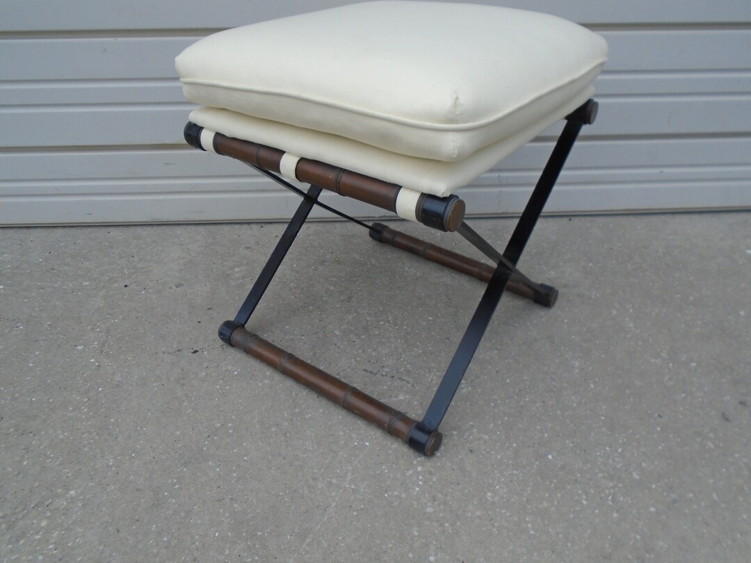 Faux Bamboo X Base Stool Iron Vanity Desk Chair Bench Campaigner Hollywood Regency Cleo Baldon ...