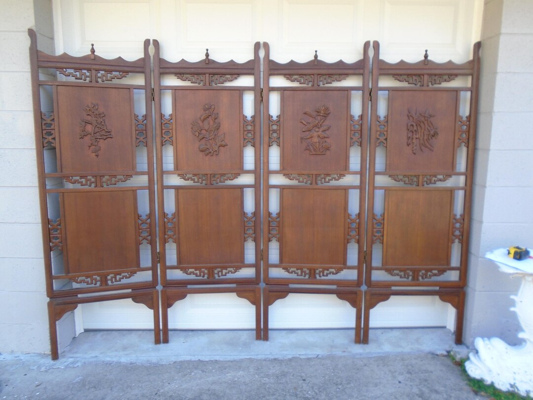 Asian Carved Vintage Shoji Screen Room Divider Wood Partition Wall ...
