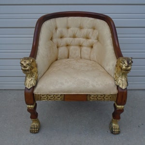Asian Lounge Chair Carved Lion Foo Dog Head Gold Paw Feet Hollywood ...